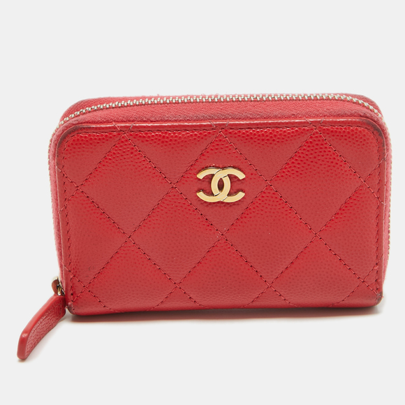 CHANEL | Bags | Chanel Red Quilted Caviar Leather Zip Around Coin Purse ...